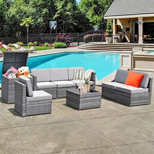 LUKEO 8PCS Outdoor Wicker Rattan Furniture Set Cushioned Sectional Sofa Storage Table Corner Sofa