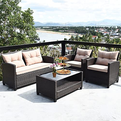 LUKEO 8PCS Outdoor Rattan Furniture Set Cushioned Sofa Armrest Table Single Sofa Loveseat