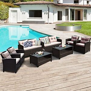 LUKEO 8PCS Outdoor Rattan Furniture Set Cushioned Sofa Armrest Table Single Sofa Loveseat