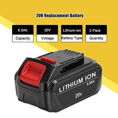 JYJZPB 2 Pack 6.5Ah Replace Battery for De-Walt 20V MAX Battery DCB200 DCB204 DCB206 DCB206-2 DCB201 DCB203 DCB181 DCB180 DCD/DCF/DCG 20 Volt XR Battery