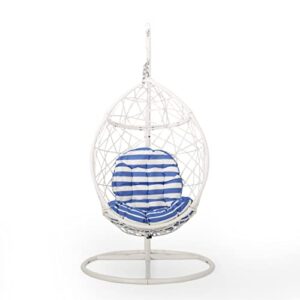 christopher knight home teresa outdoor wicker tear drop hanging chair, white and blue