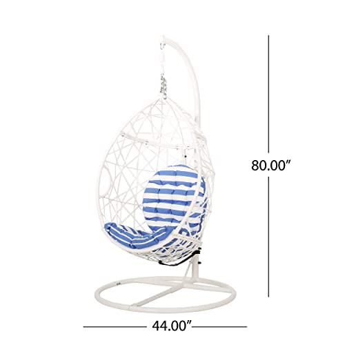 Christopher Knight Home Teresa Outdoor Wicker Tear Drop Hanging Chair, White and Blue