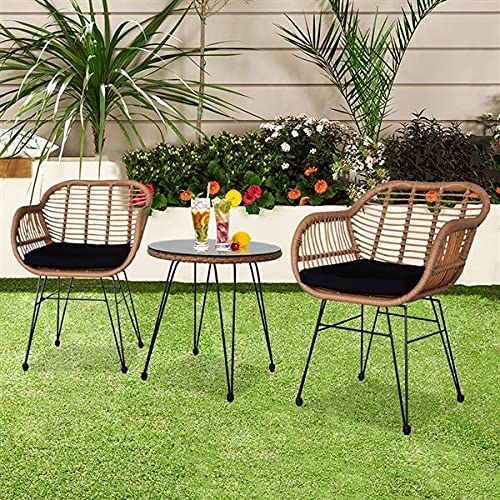 SAWQF 4 Pieces Patio Furniture Set Outdoor Garden Patio Oshion 3 pcs Wicker Rattan Patio Conversation Set with Tempered Glass Table