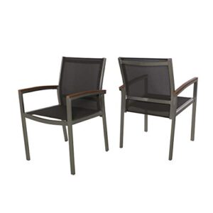 emma patio dining chairs – aluminum – outdoor mesh seats – faux wood arms – set of 2 – silver with gray and natural finish