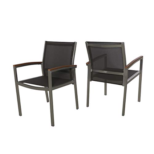 Emma Patio Dining Chairs - Aluminum - Outdoor Mesh Seats - Faux Wood Arms - Set of 2 - Silver with Gray and Natural Finish