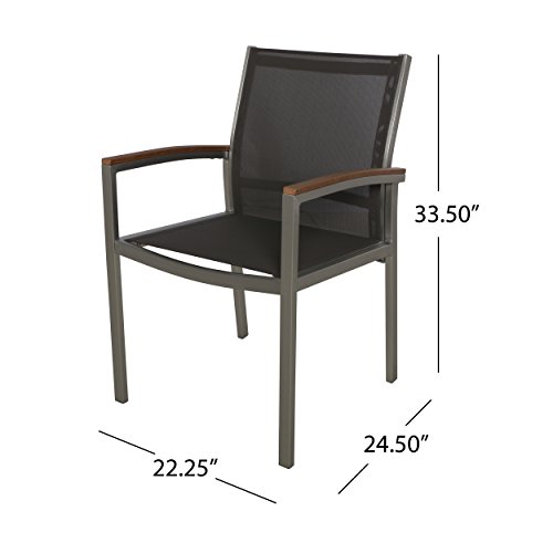 Emma Patio Dining Chairs - Aluminum - Outdoor Mesh Seats - Faux Wood Arms - Set of 2 - Silver with Gray and Natural Finish