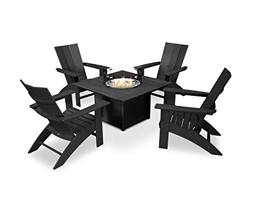 POLYWOOD Modern Curveback Adirondack Chair 5-Piece Conversation Set with Fire Pit Table