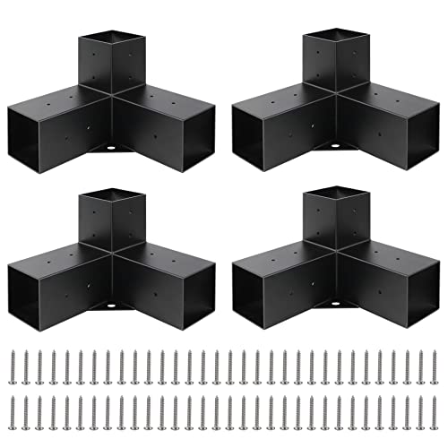 4x4(Actual: 3.5x3.5 Inch) 3-Way Pergolas Corner Extension Brackets, Aluminum Pergola Bracket with Black Powder Coated(4 Packs)