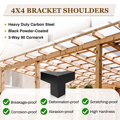 4x4(Actual: 3.5x3.5 Inch) 3-Way Pergolas Corner Extension Brackets, Aluminum Pergola Bracket with Black Powder Coated(4 Packs)