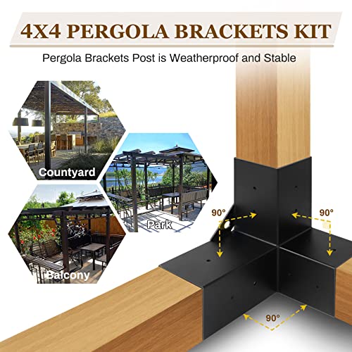 4x4(Actual: 3.5x3.5 Inch) 3-Way Pergolas Corner Extension Brackets, Aluminum Pergola Bracket with Black Powder Coated(4 Packs)