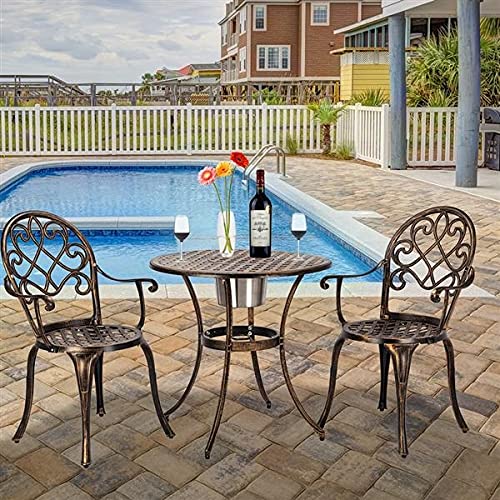 SAWQF European Style Cast Aluminum Outdoor 3 Piece Patio Bistro Set of Table and Chairs with Ice Bucket Bronze Outdoor Furniture Set