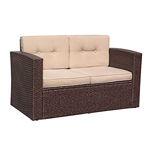 Super Patio Outdoor Wicker Loveseat Patio Furniture, Rattan Corner Sofa Chair with Beige Cushions, Additional Seats for Sectional Sofa Set, Porch and Poolside, Espresso Brown