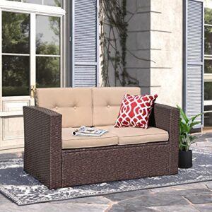 Super Patio Outdoor Wicker Loveseat Patio Furniture, Rattan Corner Sofa Chair with Beige Cushions, Additional Seats for Sectional Sofa Set, Porch and Poolside, Espresso Brown