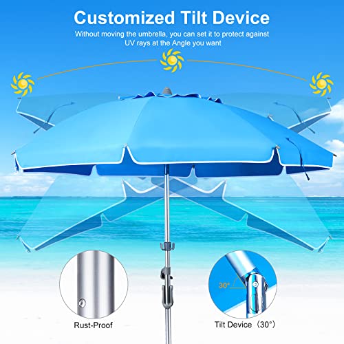 Keten 6.5ft Beach Umbrella for Sand with Sand Anchor & Tilt Mechanism, Portable UPF 100+ Protection Windproof Outdoor Umbrella with Carry Bag & Four Prongs Hanging Hook for Beach，Patio, Outdoor, Blue