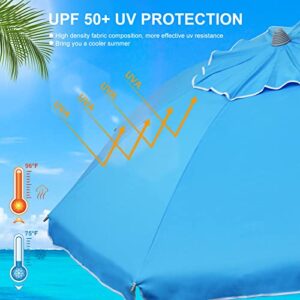 Keten 6.5ft Beach Umbrella for Sand with Sand Anchor & Tilt Mechanism, Portable UPF 100+ Protection Windproof Outdoor Umbrella with Carry Bag & Four Prongs Hanging Hook for Beach，Patio, Outdoor, Blue