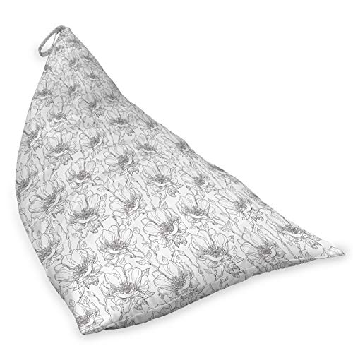 Lunarable Magnolia Lounger Chair Bag, Monochrome Pattern Hand Drawn Like Outline Close up Flowers with Ornate Leaves, High Capacity Storage with Handle Container, Lounger Size, Grey and White