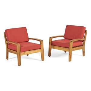 christopher knight home grenada outdoor wooden club chairs with cushions, 2-pcs set, teak finish / red