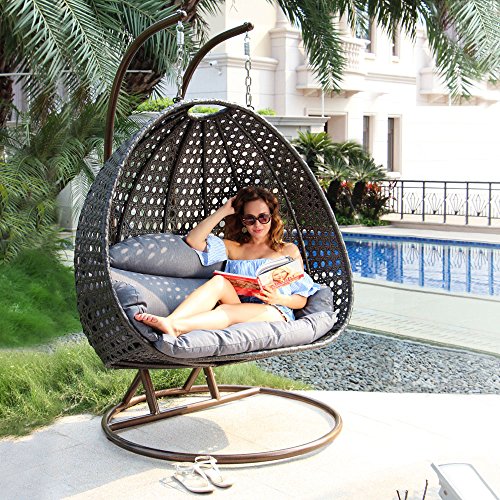 Deluxe Swing Chair Outdoor Furniture PE Rattan Wicker Hanging Hammock with Stand, Cushioned Loveseat Chaise Lounger, Perfect for Patio, Garden, Porch, Backyard, House, Indoor Decor (CHARCOAL)