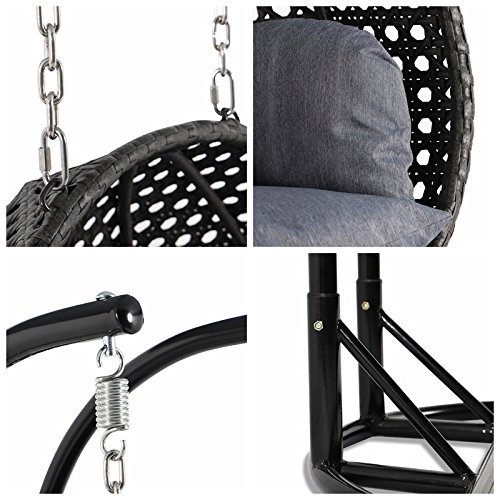 Deluxe Swing Chair Outdoor Furniture PE Rattan Wicker Hanging Hammock with Stand, Cushioned Loveseat Chaise Lounger, Perfect for Patio, Garden, Porch, Backyard, House, Indoor Decor (CHARCOAL)