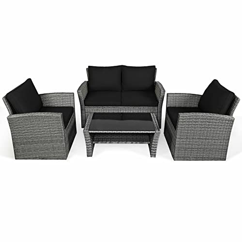 SAWQF 4 PCS Patio Rattan Furniture Set Sofa Table Storage Shelf Black Cushion Armchair