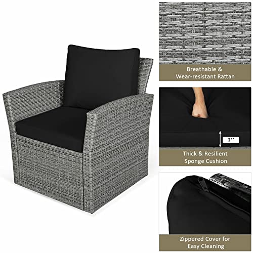 SAWQF 4 PCS Patio Rattan Furniture Set Sofa Table Storage Shelf Black Cushion Armchair