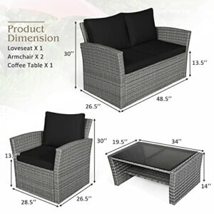 SAWQF 4 PCS Patio Rattan Furniture Set Sofa Table Storage Shelf Black Cushion Armchair