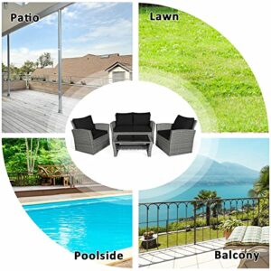 SAWQF 4 PCS Patio Rattan Furniture Set Sofa Table Storage Shelf Black Cushion Armchair