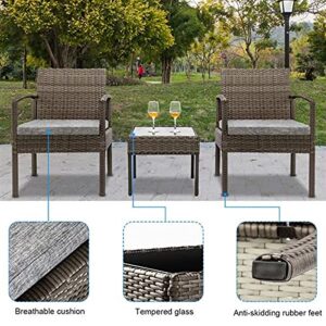 SAWQF in Stock 3 Piece Patio Furniture Set Wicker Rattan Outdoor Patio Conversation Set 2 Cushioned Chairs & End Table