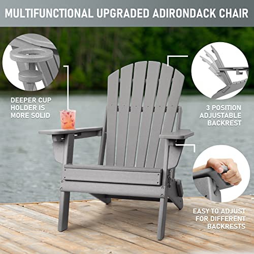 FUNBERRY Plastic Adirondack Chairs,Folding Adirondack Chairs,Adjustable Backrest Adirondack Chair,Fire Pit Chairs,Resin Adirondack Chairs with Cup Holder,Composite Adirondack Chairs