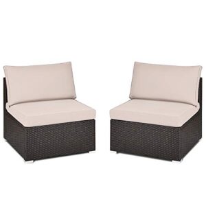 Tangkula 2 PCS Outdoor Wicker Armless Sofa, Patio Rattan Sectional Sofa Set w/2 Thick Seat Cushions and 2 Back Cushions, Additional Seats for Balcony Garden Patio Poolside (Brown)