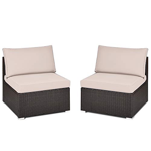 Tangkula 2 PCS Outdoor Wicker Armless Sofa, Patio Rattan Sectional Sofa Set w/2 Thick Seat Cushions and 2 Back Cushions, Additional Seats for Balcony Garden Patio Poolside (Brown)