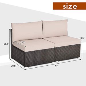 Tangkula 2 PCS Outdoor Wicker Armless Sofa, Patio Rattan Sectional Sofa Set w/2 Thick Seat Cushions and 2 Back Cushions, Additional Seats for Balcony Garden Patio Poolside (Brown)