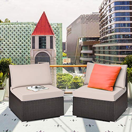 Tangkula 2 PCS Outdoor Wicker Armless Sofa, Patio Rattan Sectional Sofa Set w/2 Thick Seat Cushions and 2 Back Cushions, Additional Seats for Balcony Garden Patio Poolside (Brown)