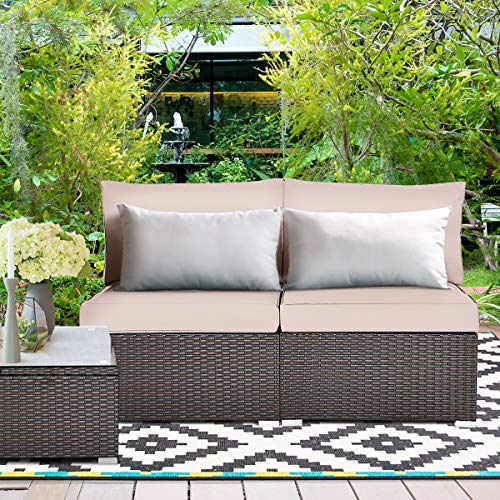 Tangkula 2 PCS Outdoor Wicker Armless Sofa, Patio Rattan Sectional Sofa Set w/2 Thick Seat Cushions and 2 Back Cushions, Additional Seats for Balcony Garden Patio Poolside (Brown)