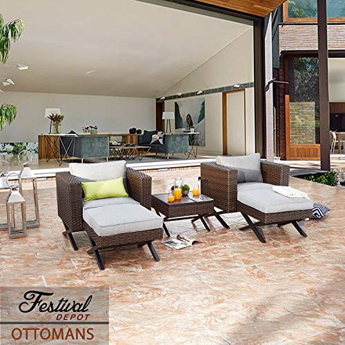 Festival Depot Wicker Patio Ottoman Metal Footstool with Thick Cushion and X Shaped Steel Legs Foot Rest Outdoor Furniture for Garden Yard Lawn All-Weather