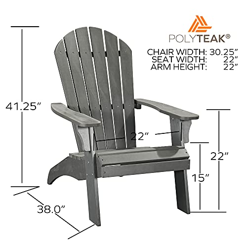 PolyTEAK Extra Large Adirondack Chair, Premium Weather Resistant Poly Lumber, Outdoor Patio Furniture, Up to 350 lbs, Wide Seat Outside Chairs for Porches, Decks, and Pool Side, King Collection, Grey