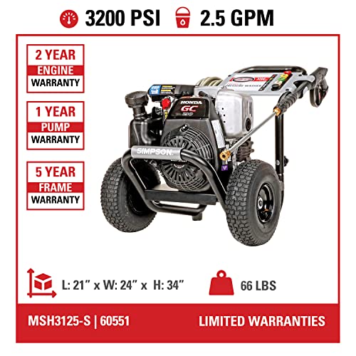 SIMPSON Cleaning MSH3125 MegaShot 3200 PSI Gas Pressure Washer, 2.5 GPM, Honda GC190 Engine, Includes Spray Gun and Extension Wand, 5 QC Nozzle Tips, 1/4-in. x 25-ft. MorFlex Hose, (49-State), Black