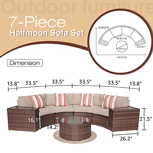 SUNSITT Outdoor 7-Piece Half-Moon Sectional Furniture Set with Round Coffee Table, Patio Curved Sofa Set, Beige Cushion and Brown Wicker, Incl. Waterproof Cover