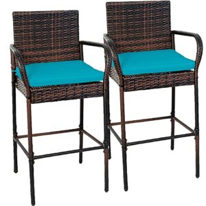 sundale outdoor 2 pieces patio bar stools, all-weather wicker bar stools rattan chairs set of 2, counter height tall chair with arms, turquoise cushion, patio furniture – steel, brown