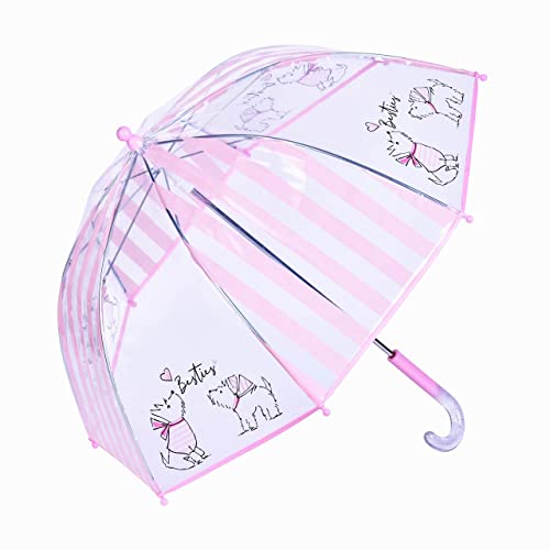 Laura Ashley Kids Umbrella for Girls, Toddler’s Back to School Domed Stick Rain Umbrella with Stripe Scottie Dog Print, Wide Canopy, Pink