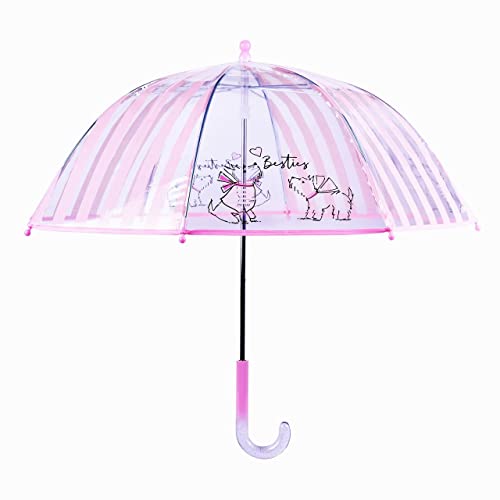 Laura Ashley Kids Umbrella for Girls, Toddler’s Back to School Domed Stick Rain Umbrella with Stripe Scottie Dog Print, Wide Canopy, Pink