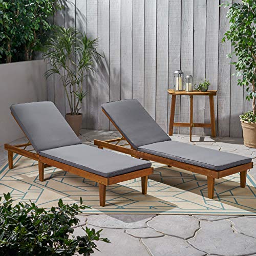 Christopher Knight Home Madge Oudoor Chaise Lounge with Cushion (Set of 2), Teak Finish, Dark Gray