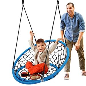 serenelife web chair swing 35.5″ inch hanging netted seat kids indoor outdoor yard round circle saucer swing for trees or swing sets – all season uv resistant rope net swing