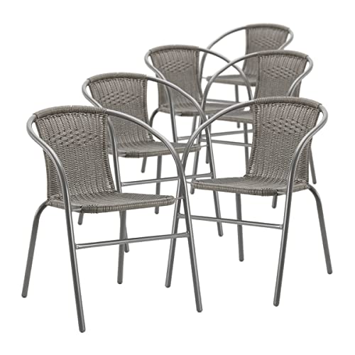 Pack of 6 Gray Wicker Rattan Indoor-Outdoor Dining Chairs | Patio Dining Chairs | Outdoor Restaurant Stackable Chairs. Deck Chairs (6)