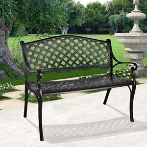 grepatio outdoor patio garden bench all-weather cast aluminum loveseats park yard furniture porch chair work entryway decor w/checkered design(black)