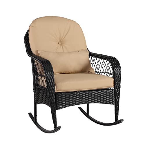 B BAIJIAWEI Outdoor Wicker Rocking Chair All Weather Wicker Rocker Chair with Cushions for Garden Patio Yard Porch Lawn Balcony Backyard (1PC-Black Wicker-Khaki)