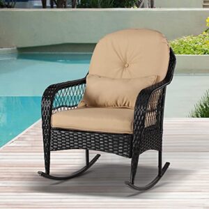 B BAIJIAWEI Outdoor Wicker Rocking Chair All Weather Wicker Rocker Chair with Cushions for Garden Patio Yard Porch Lawn Balcony Backyard (1PC-Black Wicker-Khaki)