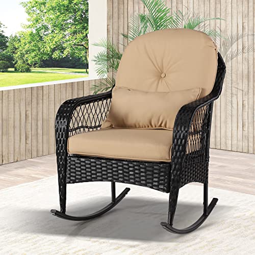 B BAIJIAWEI Outdoor Wicker Rocking Chair All Weather Wicker Rocker Chair with Cushions for Garden Patio Yard Porch Lawn Balcony Backyard (1PC-Black Wicker-Khaki)