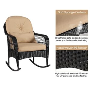 B BAIJIAWEI Outdoor Wicker Rocking Chair All Weather Wicker Rocker Chair with Cushions for Garden Patio Yard Porch Lawn Balcony Backyard (1PC-Black Wicker-Khaki)