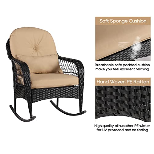 B BAIJIAWEI Outdoor Wicker Rocking Chair All Weather Wicker Rocker Chair with Cushions for Garden Patio Yard Porch Lawn Balcony Backyard (1PC-Black Wicker-Khaki)